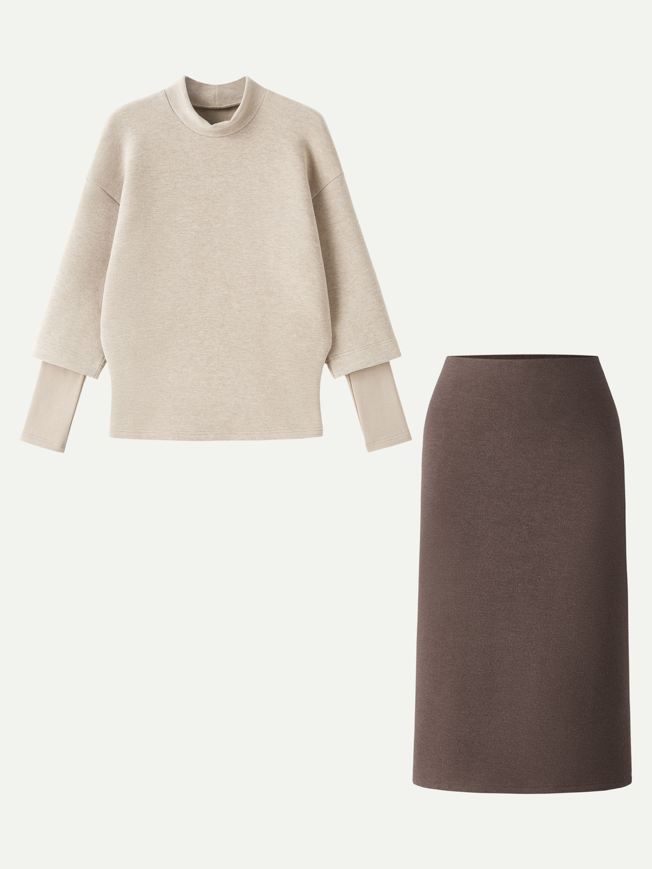 2Pcs Set FuzzLuxe Mockneck Sleeve-Warmer Top & A-line Pull-on Midi Ski ...